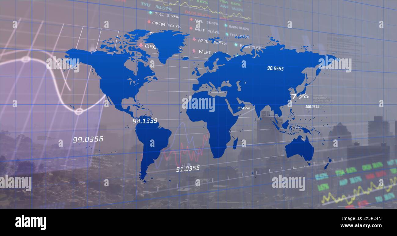 Image of stock market data processing over world map against aerial view of cityscape Stock ...