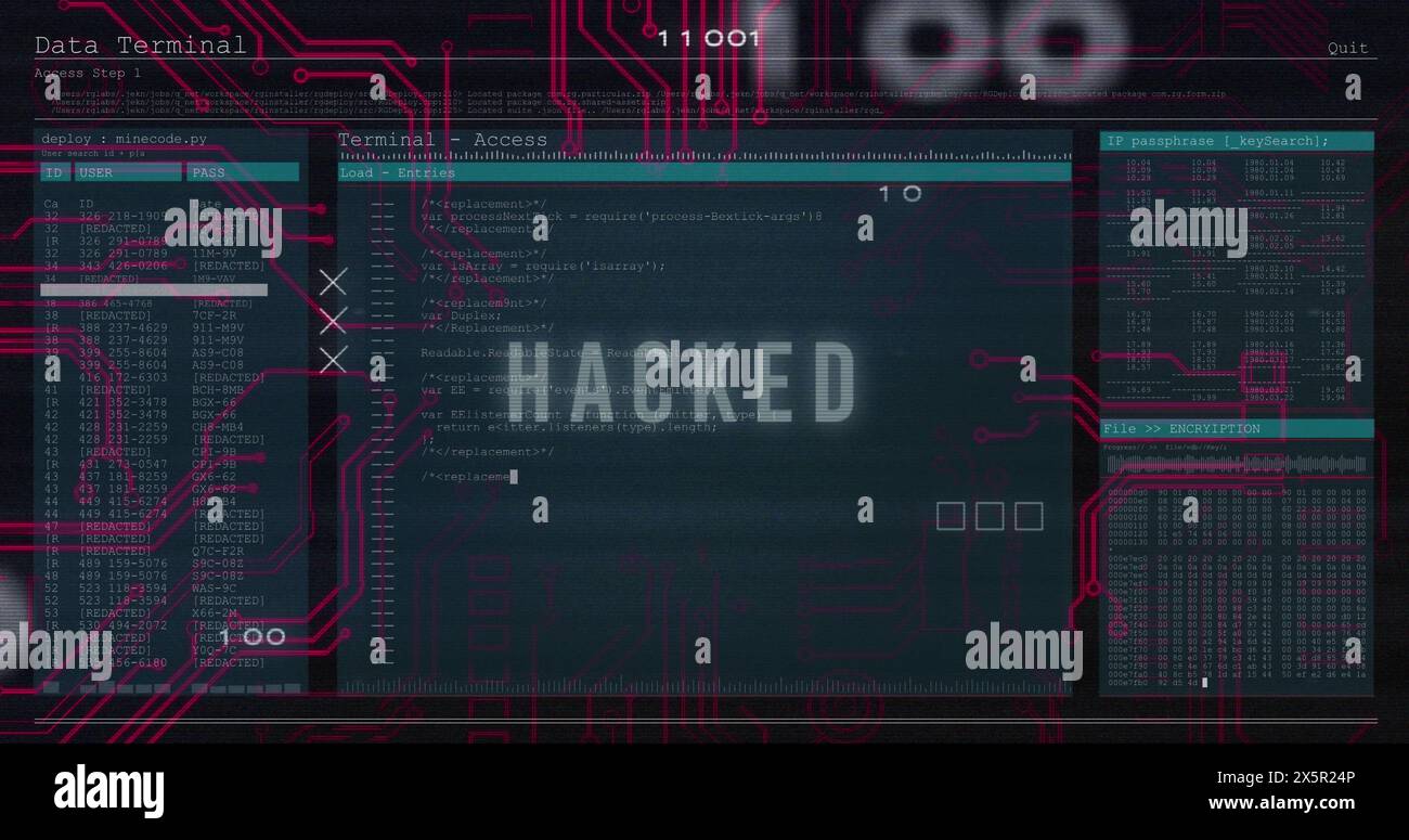 Image of hacked text and data processing over computer motherboard Stock Photo - Alamy