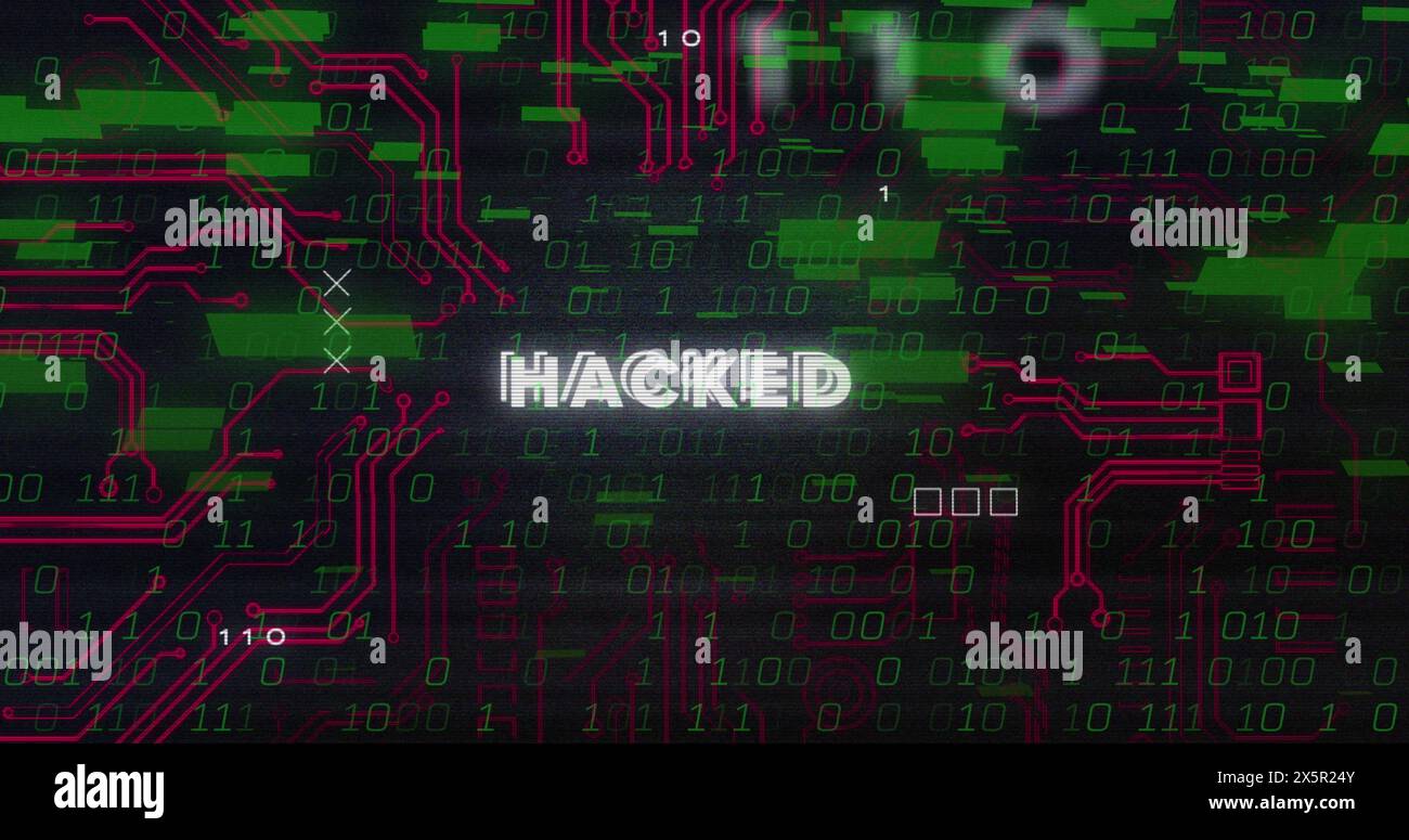 Image of glitch technique over hacked text, circuit board pattern and ...