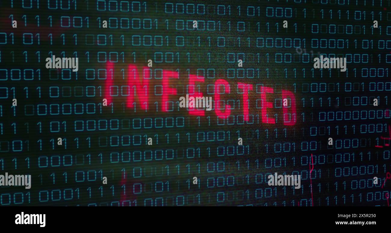 Image of x mark over infected text, circuit board pattern, binary codes against black background ...