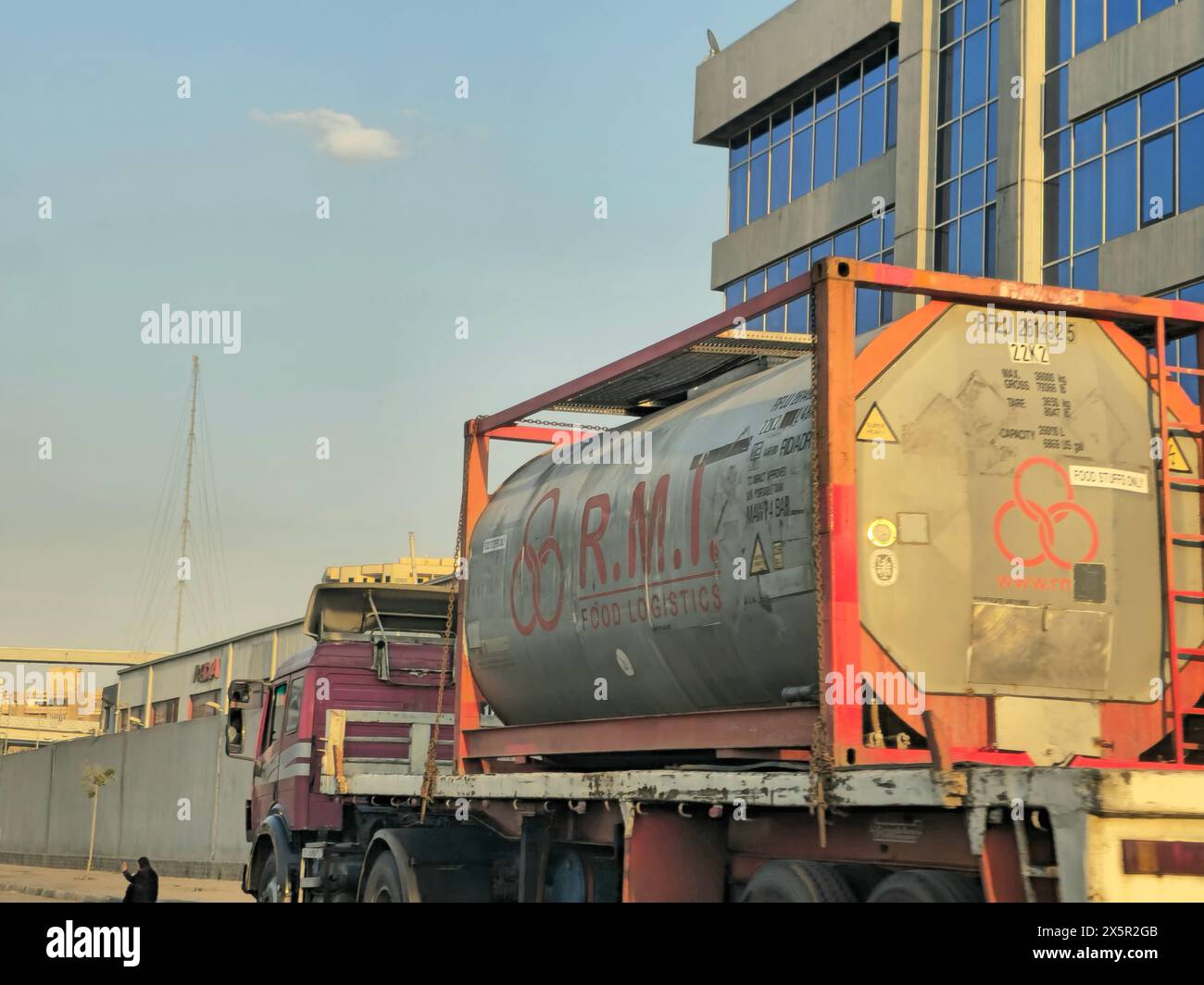 Cairo, Egypt, March 23 2024: RMI food logistics tamer on a flatbed ...
