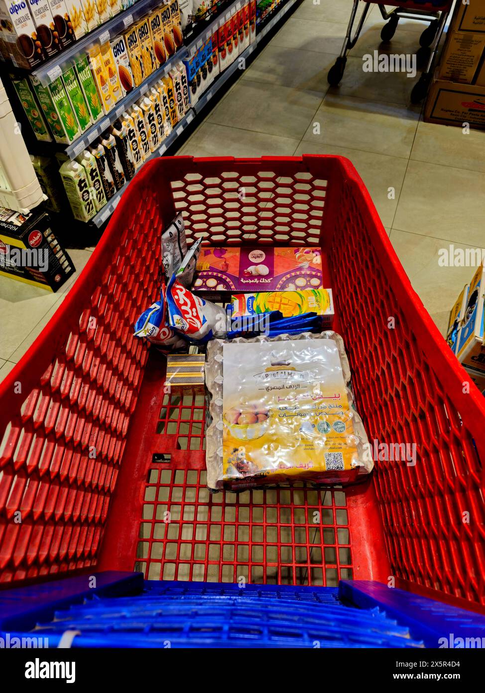 Cairo, Egypt, March 28 2024: a shopping cart trolley with goods, eggs ...
