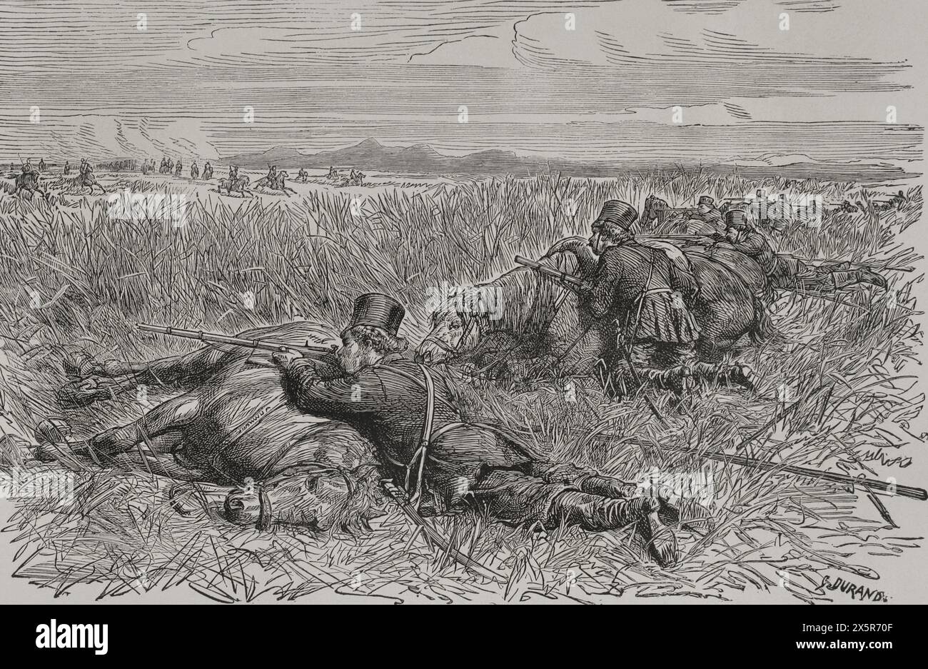 Russo-Turkish War (1877-1878). Cossack ambush. Engraving by Durand. "La Guerra de Oriente" (The ...