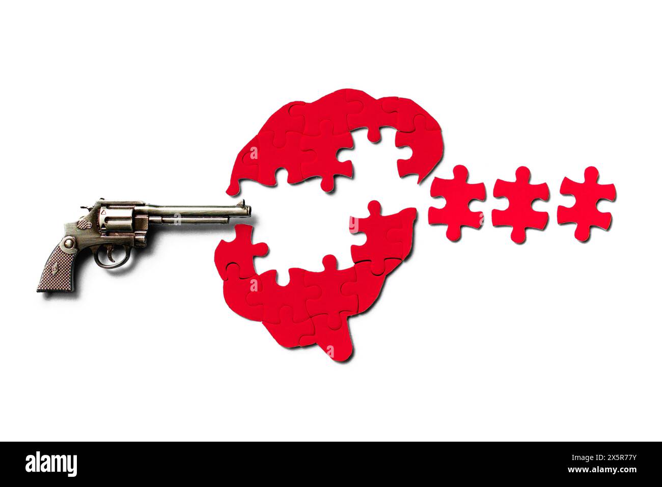 Human brain-shaped puzzle and revolver isolated on white. Mind ...