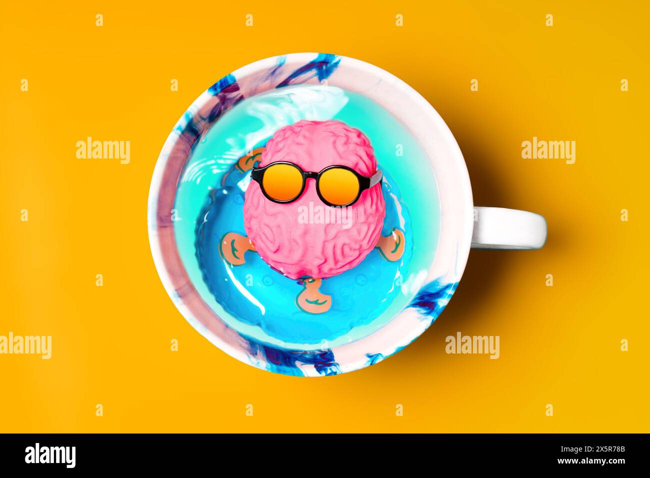 Brain wearing gradient orange sunglasses, floating peacefully on an ...
