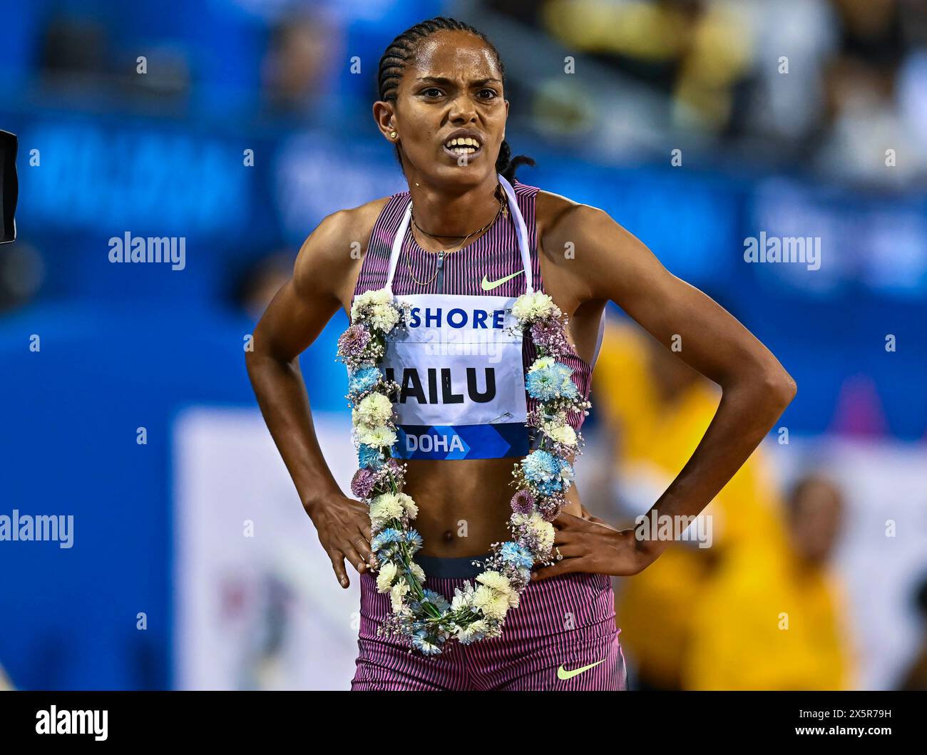 Doha, Qatar. 10th May, 2024. Freweyni Hailu of Ethiopia reacts after ...