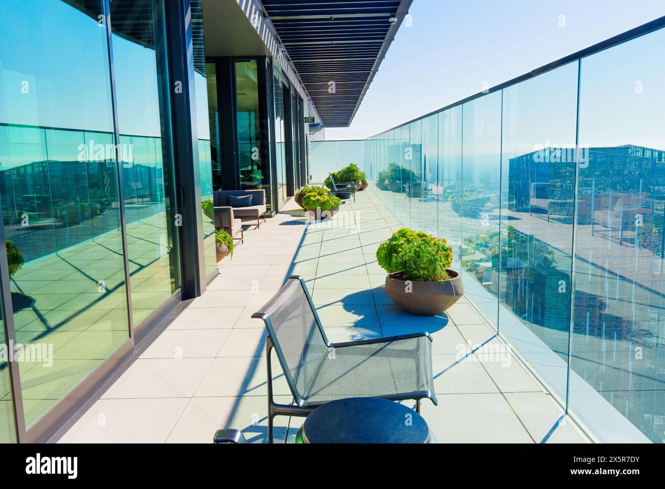 Large balcony of a luxury apartment in downtown Los Angeles with modern ...
