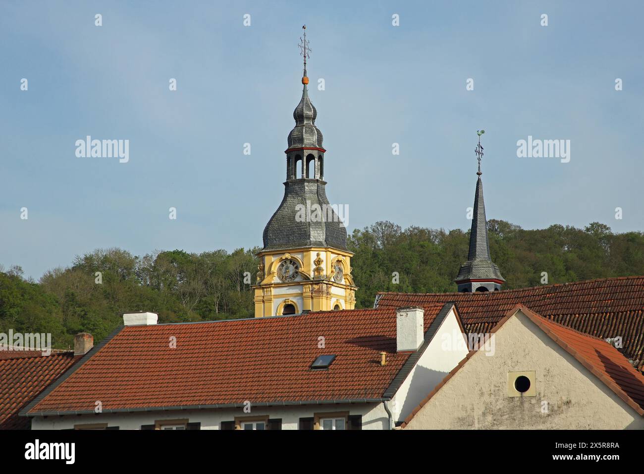 Tower of St Anthony of Padua Church and town hall, roofs, spire ...