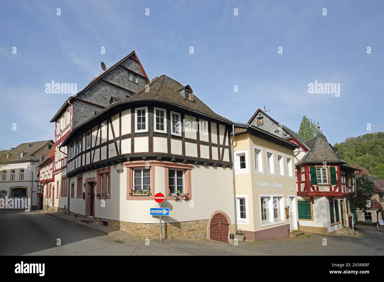 Half-timbered houses with bay windows, corner house, round, Amtsgasse ...