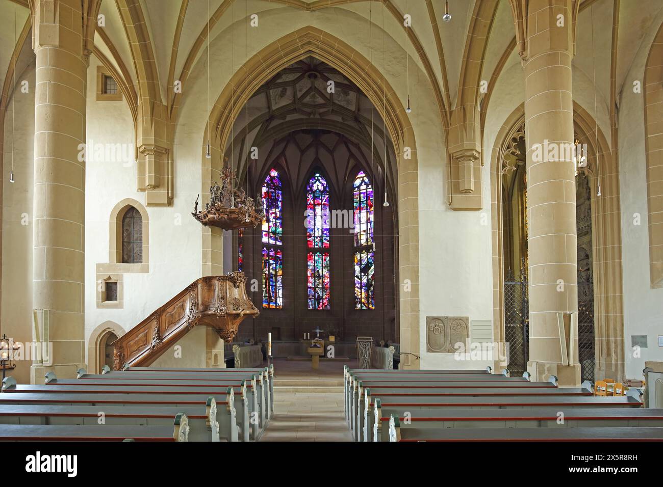 Interior view with pulpit, wood carving, arts and crafts, colourful ...