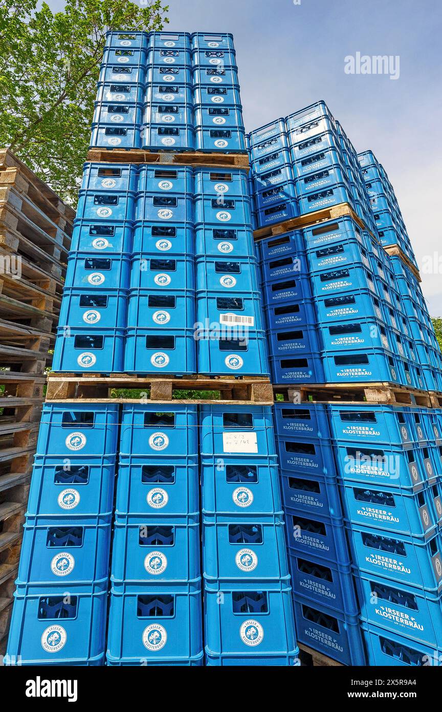 Stack of beer crates at the brewery inn, Irseer Klosterbraeu, Irsee ...