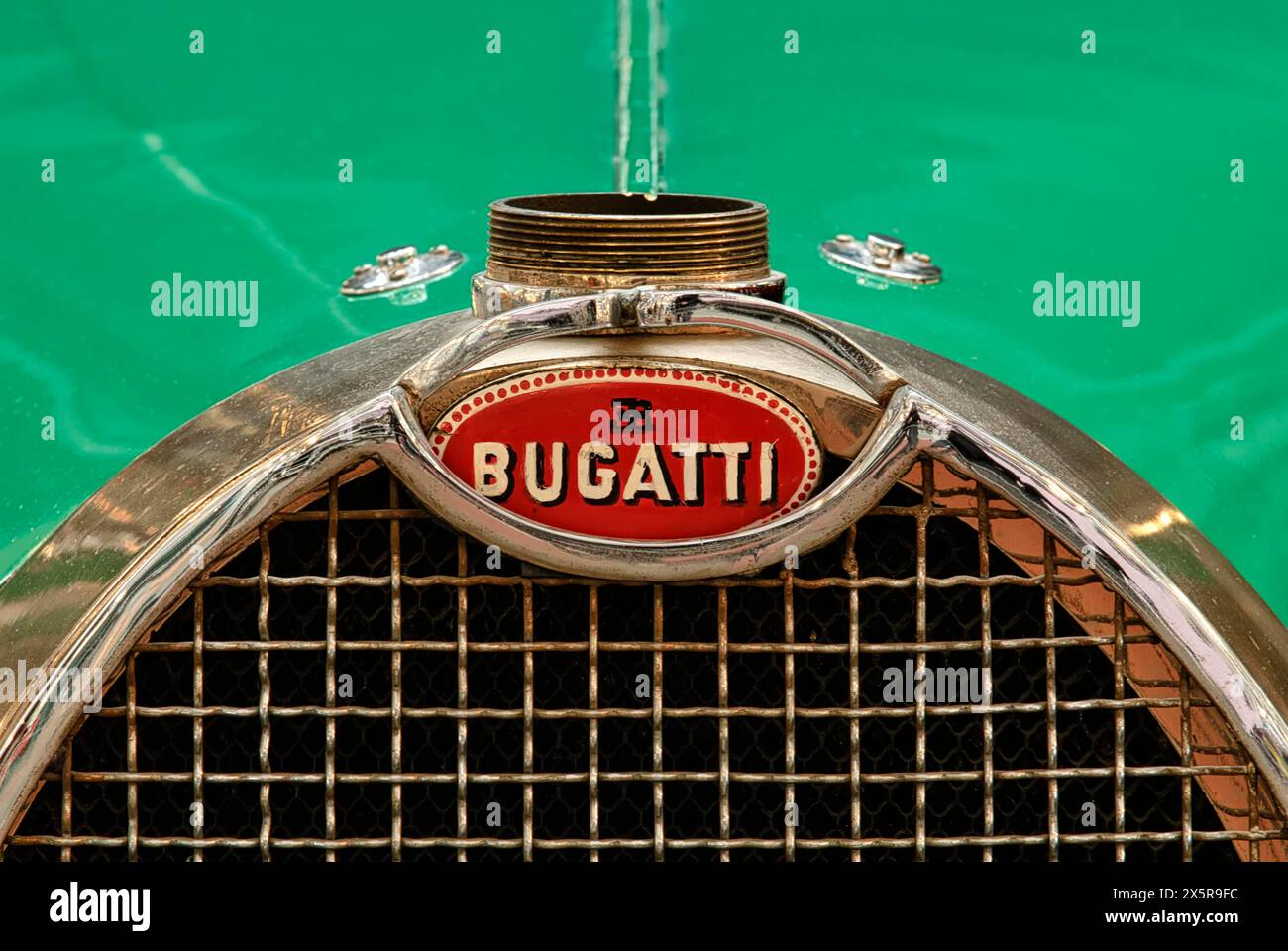 Detailed view, hand-painted emblem of a vintage Bugatti car from the ...