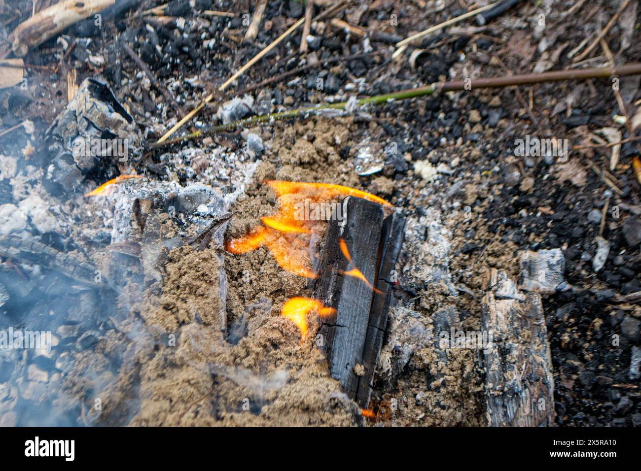 A fire burns in a campfire with a red fire in the background. High ...