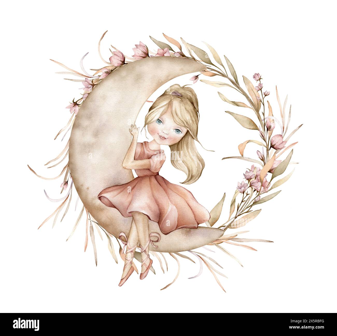 Watercolor blonde young girl ballerina in a pink dress and booties sits ...