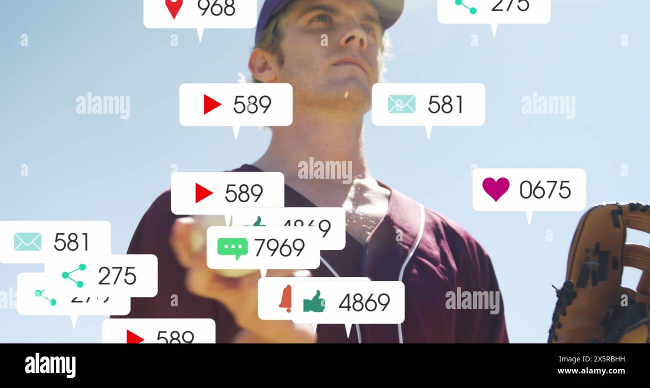 Image of multiple notification bars over caucasian male baseball player with glove and ball ...