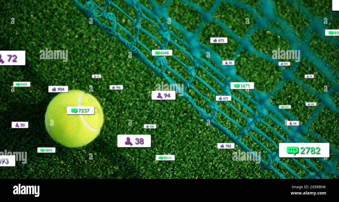 Image of notification bars over net and tennis ball on green ground ...