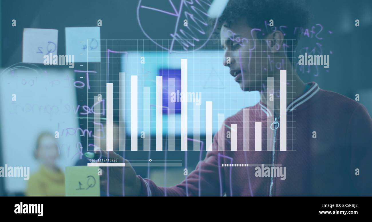Image of graph, loading bars over diverse coworkers discussing reports ...