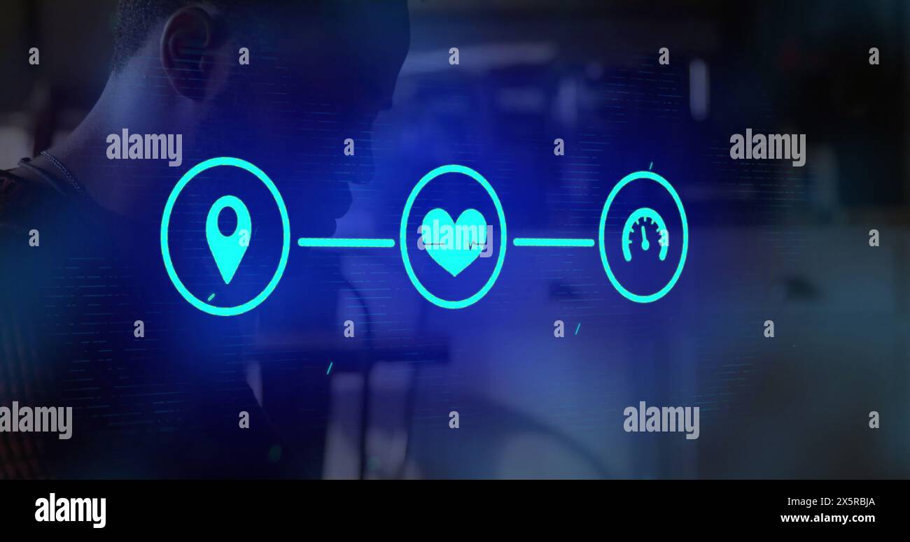 Image of flowchart of icons over biracial man scrolling on smartphone Stock Photo - Alamy