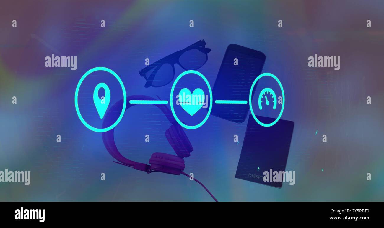 Image of digital icons and data processing over electronic devices ...