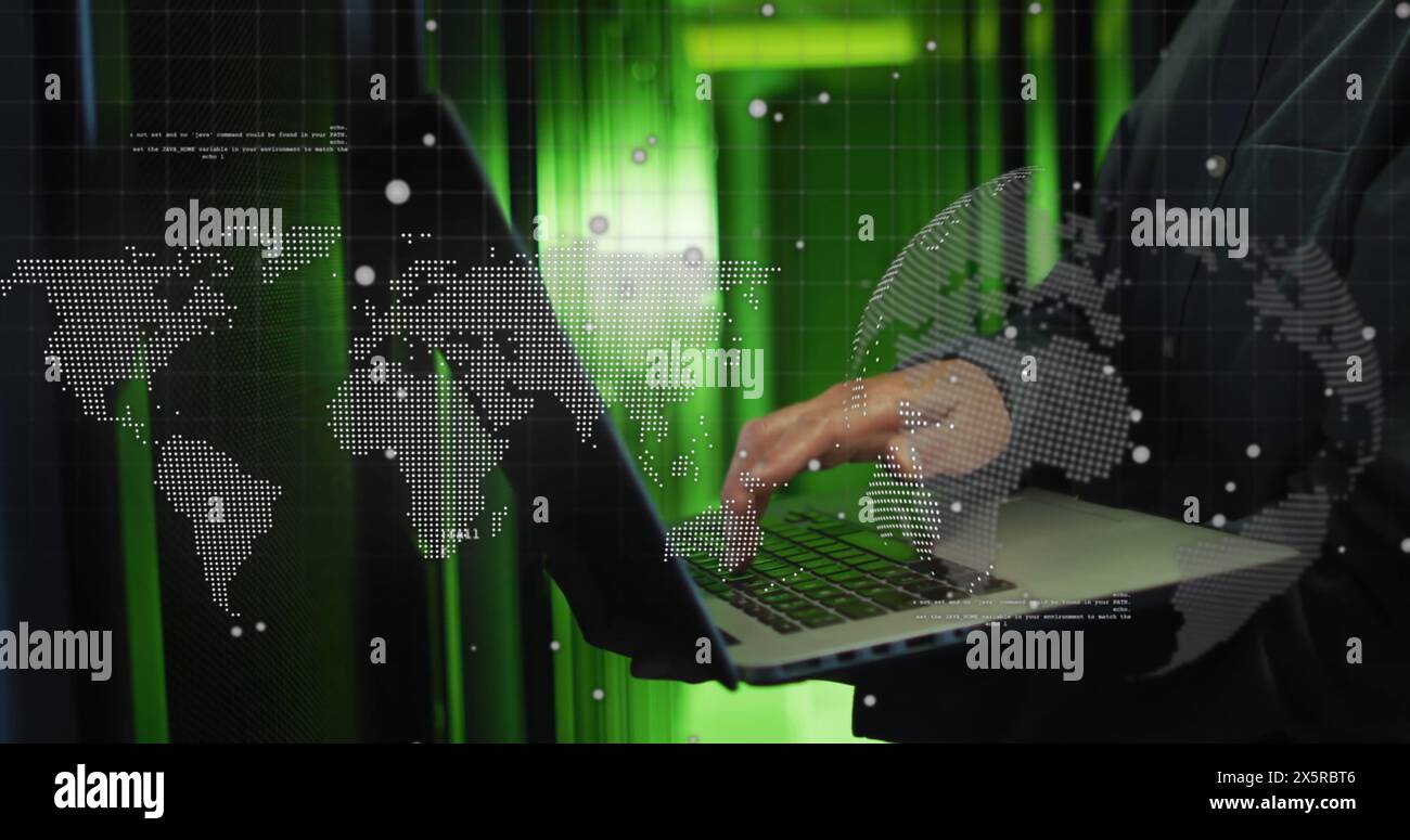 Image of data processing, world map over male it technician using ...