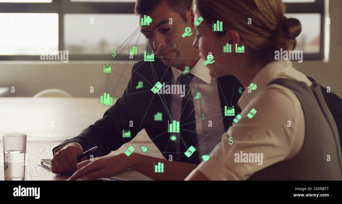 Image of network of connections over happy diverse students using ...