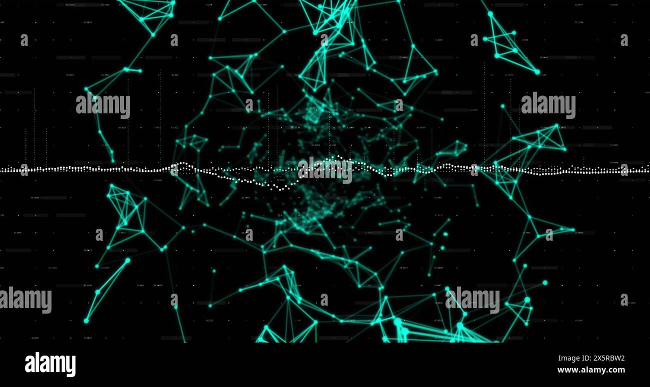 Digital image of data processing over blue neon plexus networks against black background Stock ...