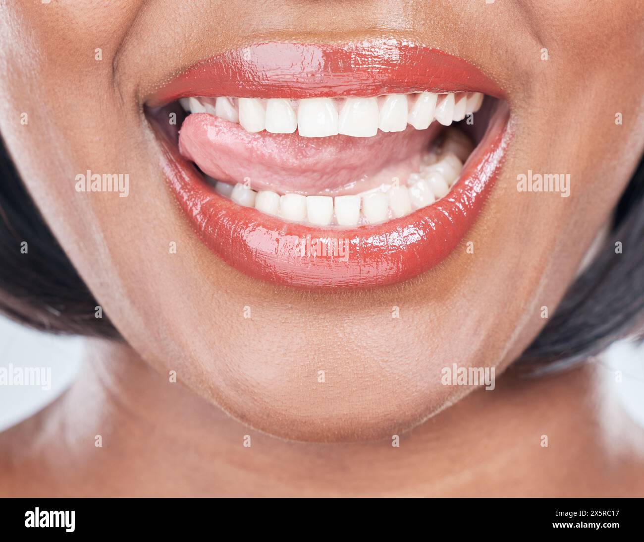 Woman, mouth and teeth with red lipstick for dental hygiene, cosmetics ...