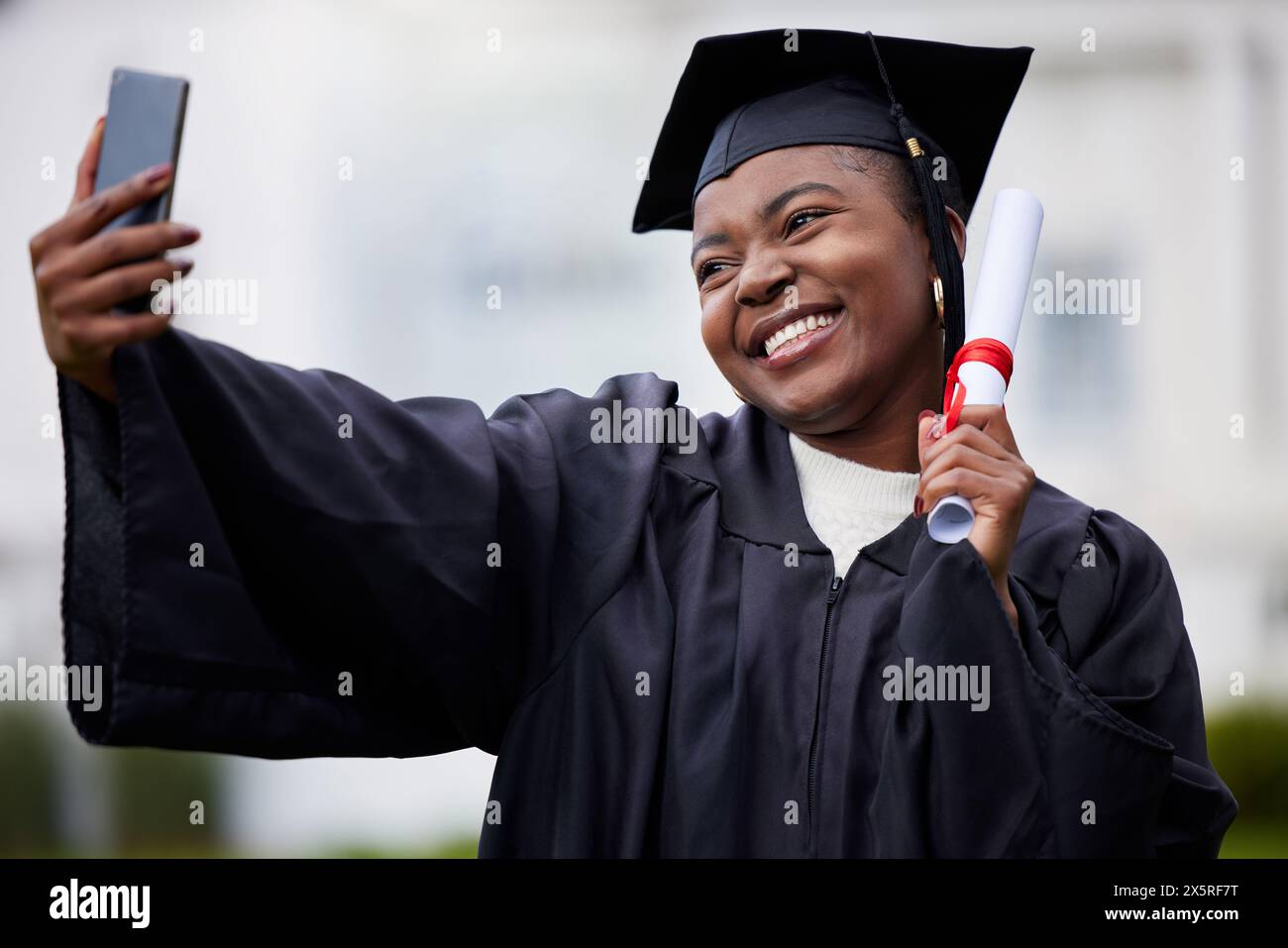 Black girl, selfie and scroll for graduation in outdoor, certificate ...