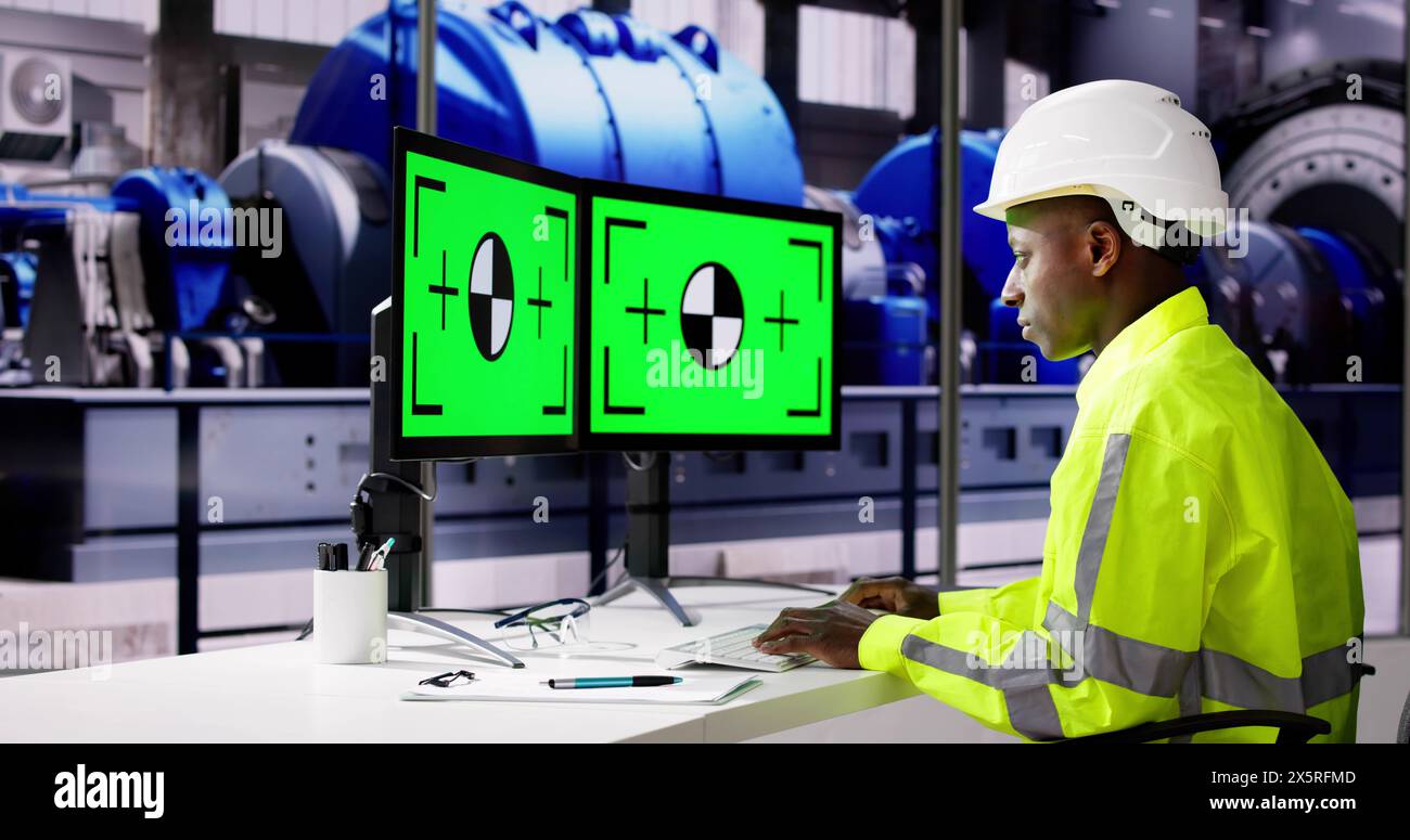 Engineer Using PC Monitor With Green Screen At Power Plant Stock Photo ...