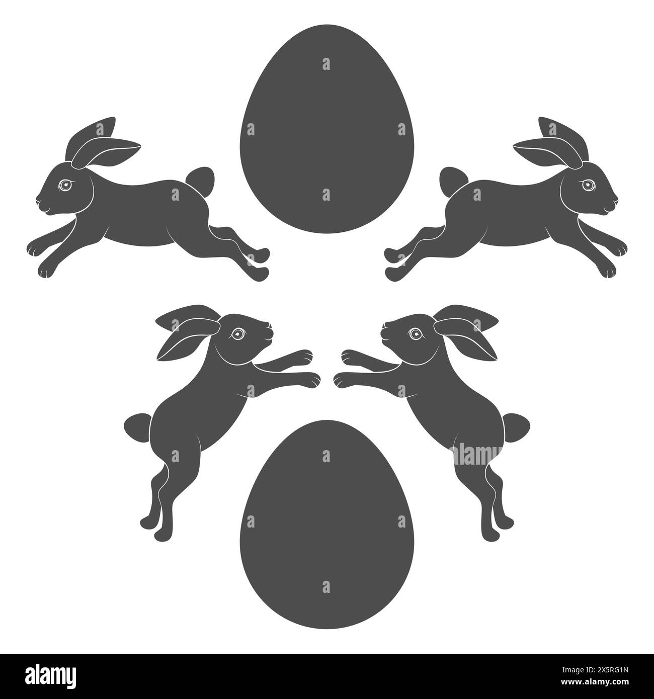 Set of black and white illustrations with Easter bunny and eggs. Isolated vector objects on ...