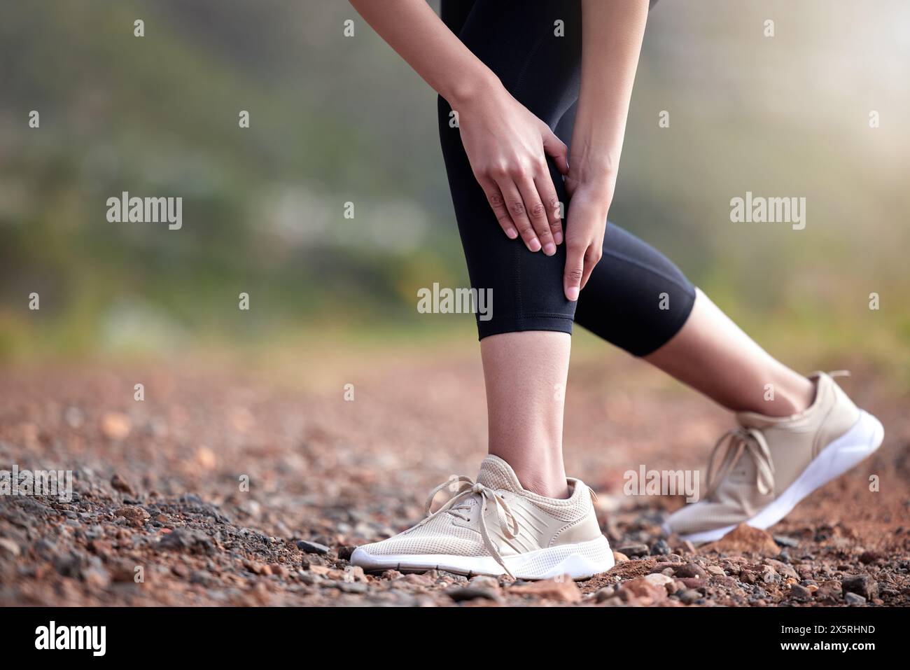 Hands, leg pain and injury outdoor from workout, accident or training ...