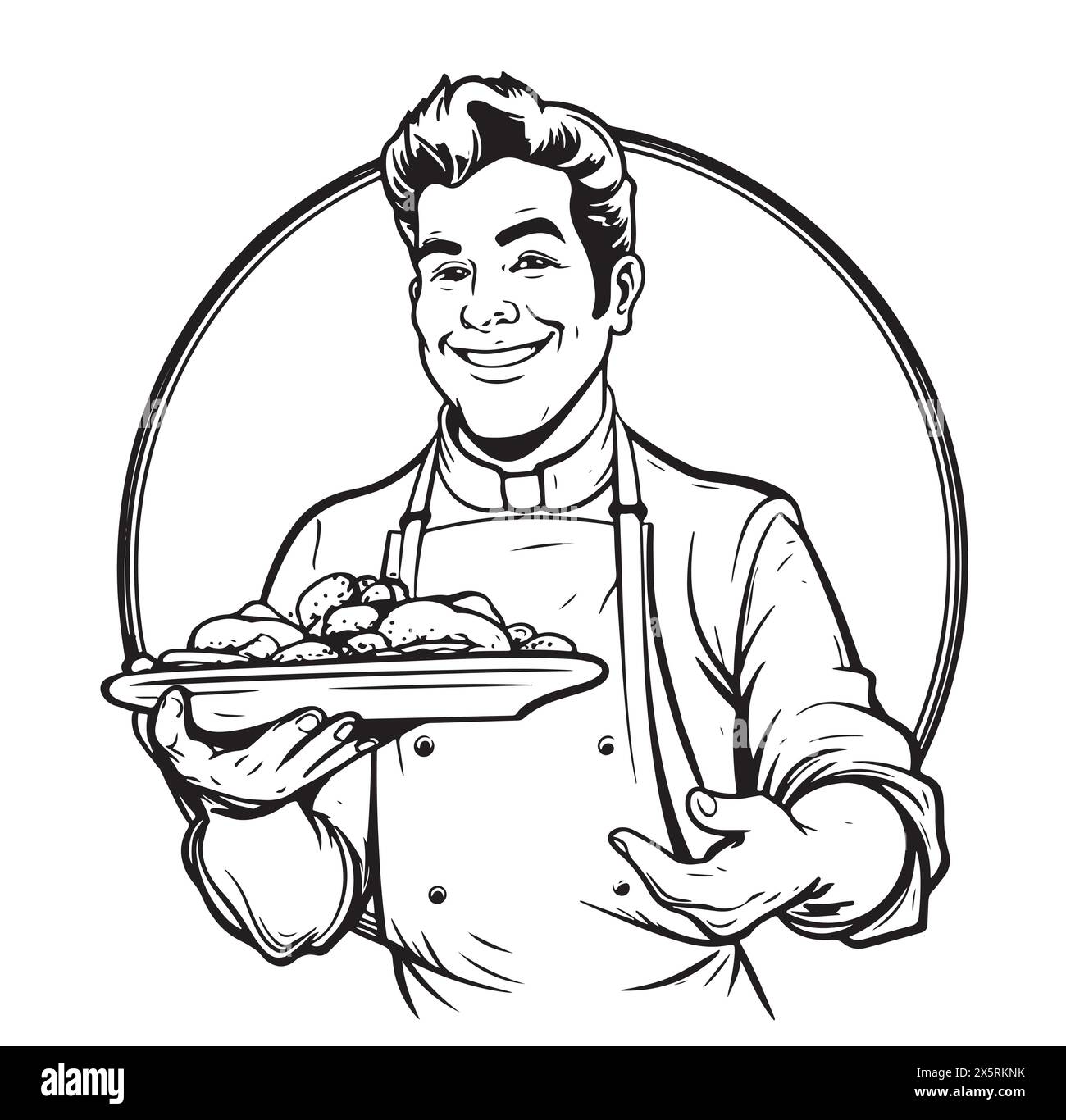 Portrait of restaurants smiling chef in working uniform. Vector line ...