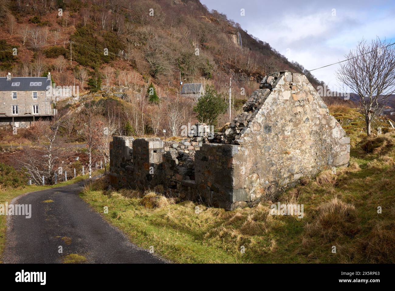 Derelict cottage and modern industrial quarry site at Bonawe, Argyll ...