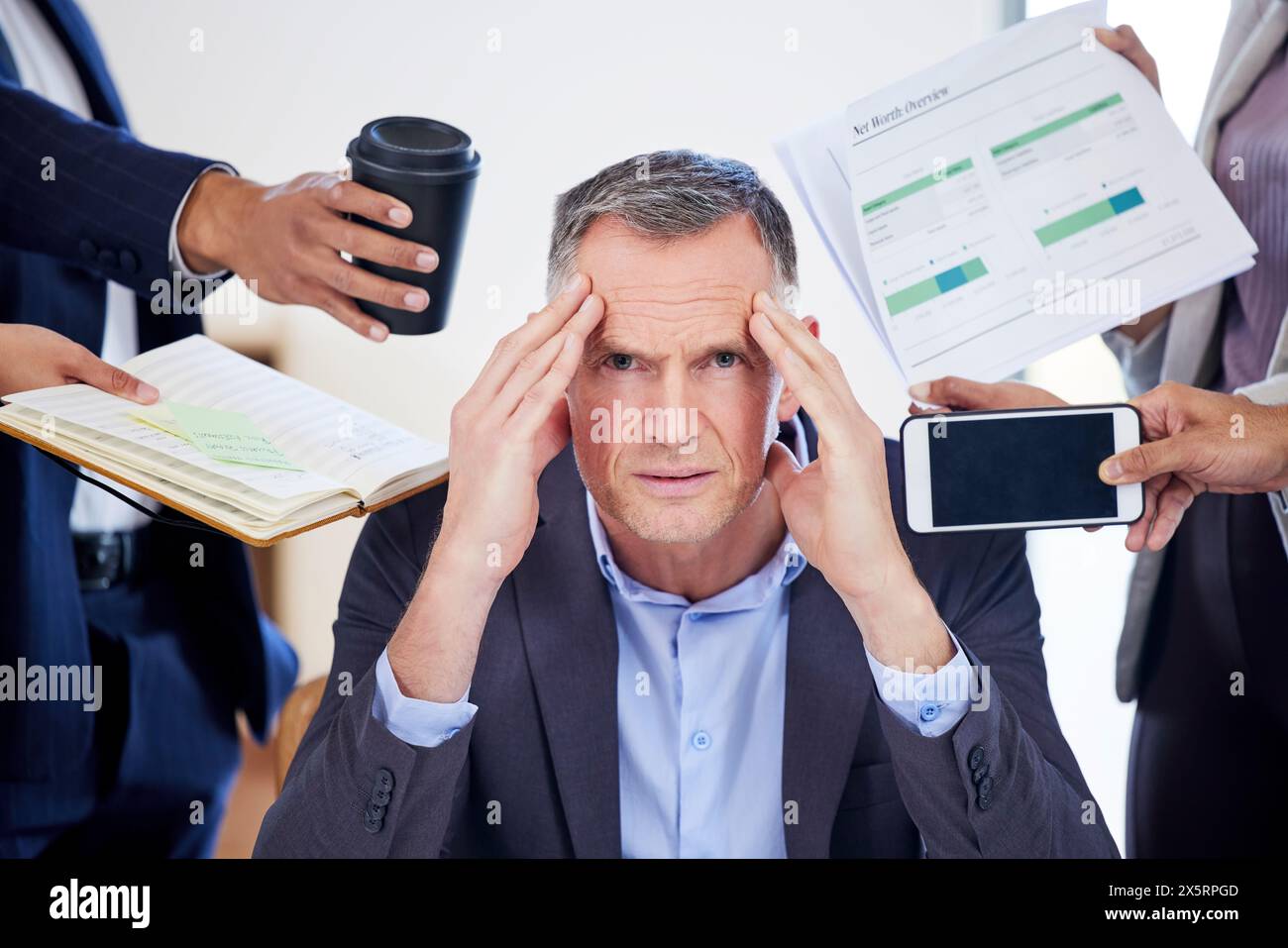 Portrait, businessman and headache with documents, time management or ...