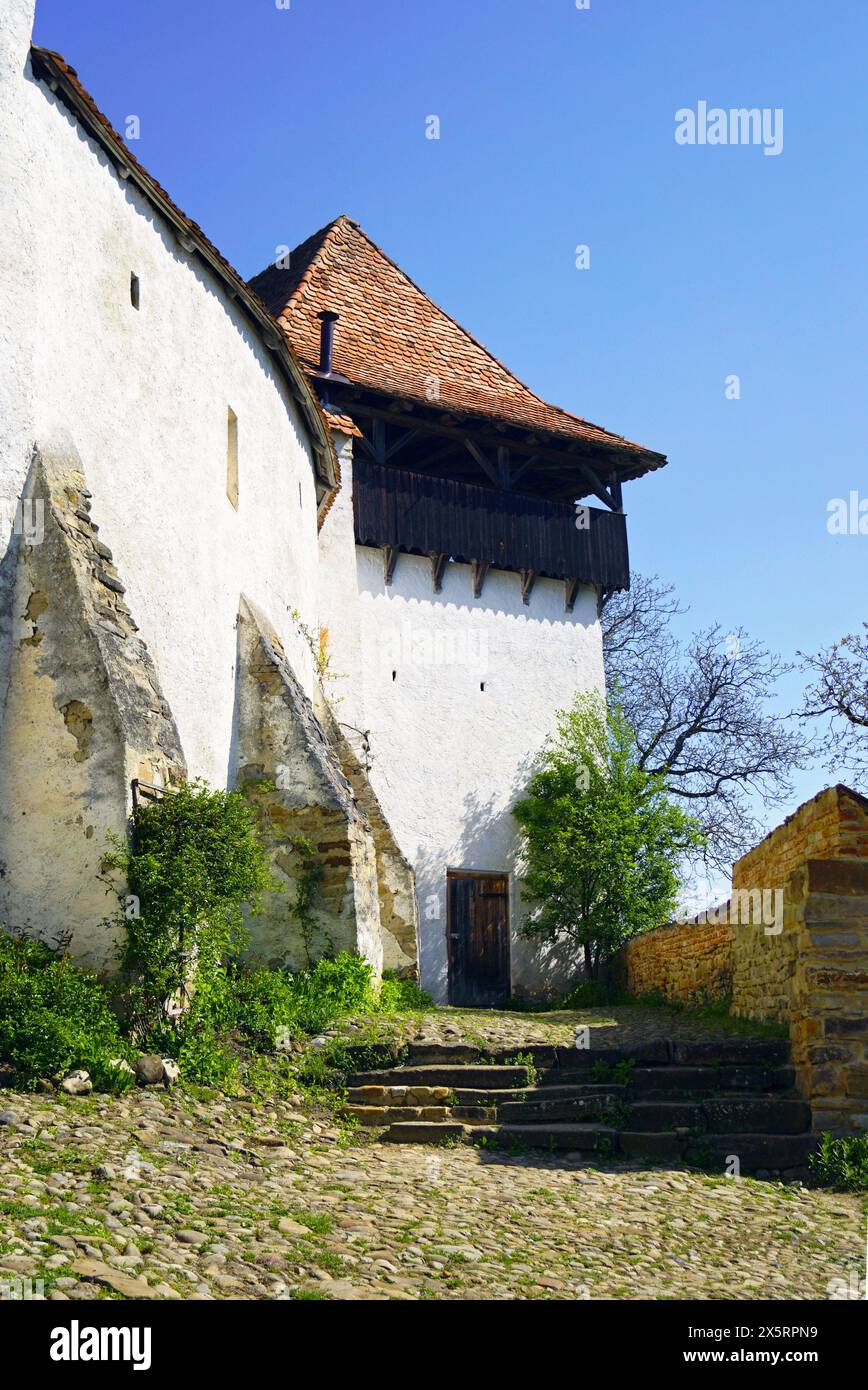 One of the towers of the fortified church in the Transylvanian village ...