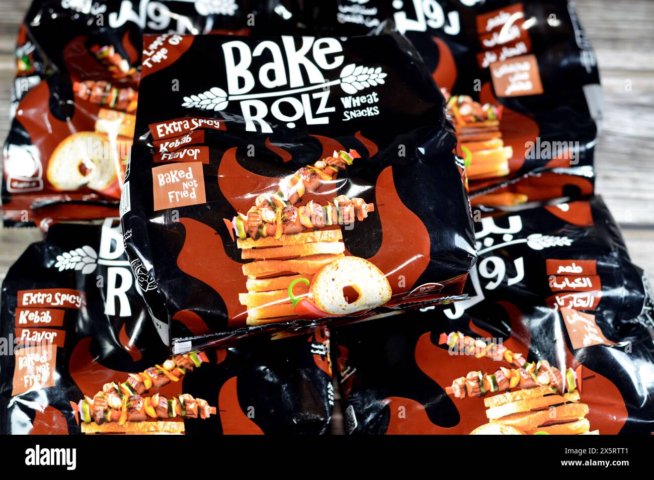 Cairo, Egypt, April 8 2024: Bake Rolz, a rich toasted snack made of 100 ...