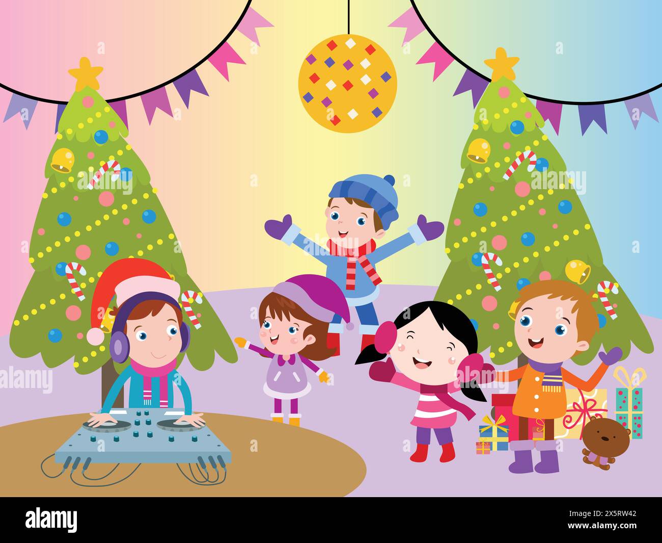 Kids having fun on music christmas party cartoon vector illustration ...