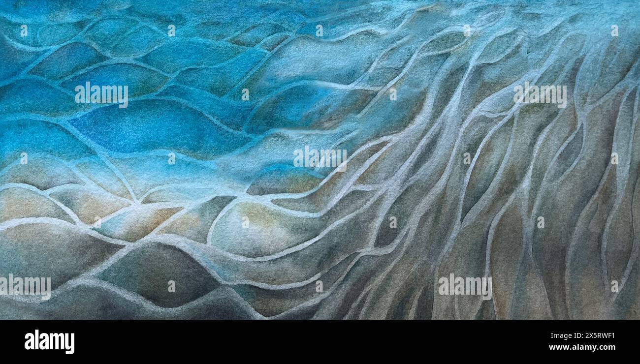 Seascape with sand and stones on the seabed under blue water, bright ...