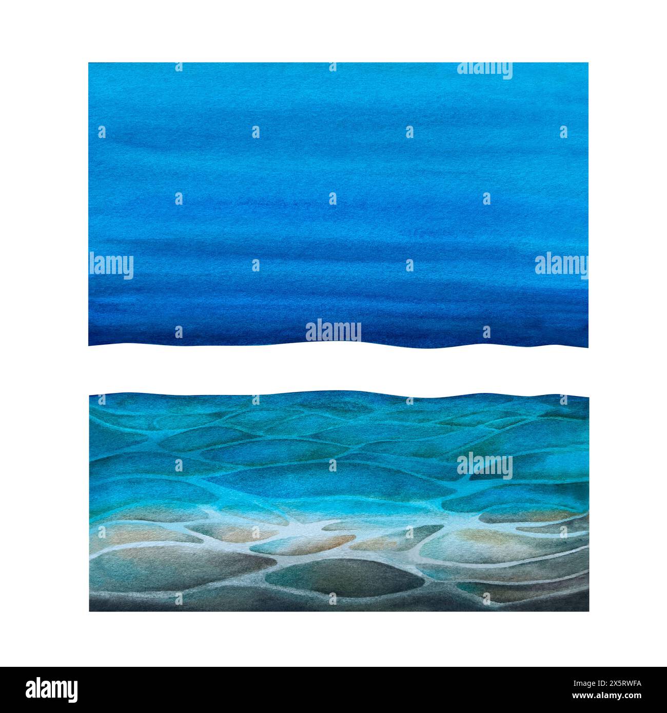 Seascape with sand and stones on the seabed under blue water, bright ...