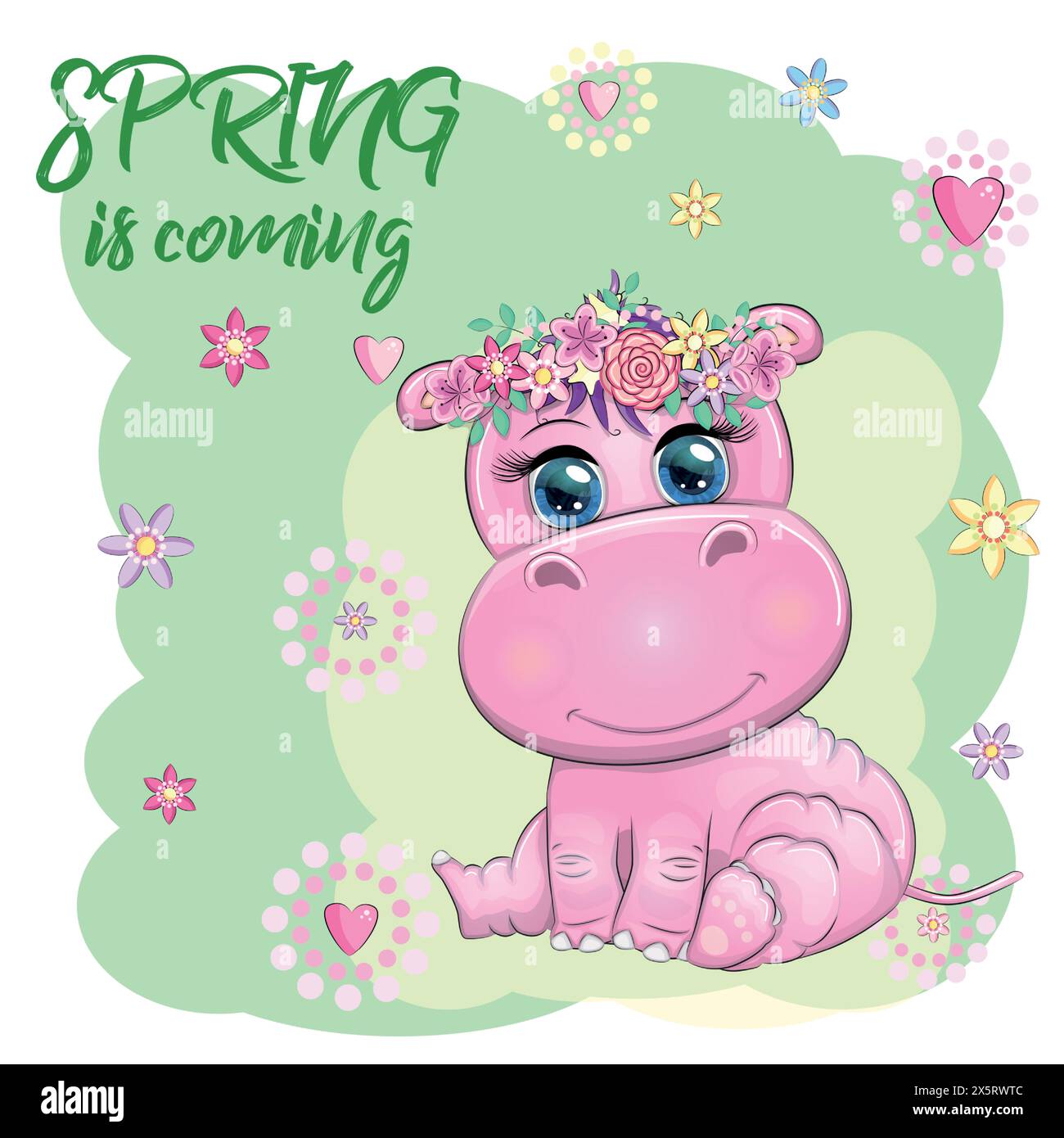 Hippopotamus cartoon character, wild animal wearing a wreath, spring is ...