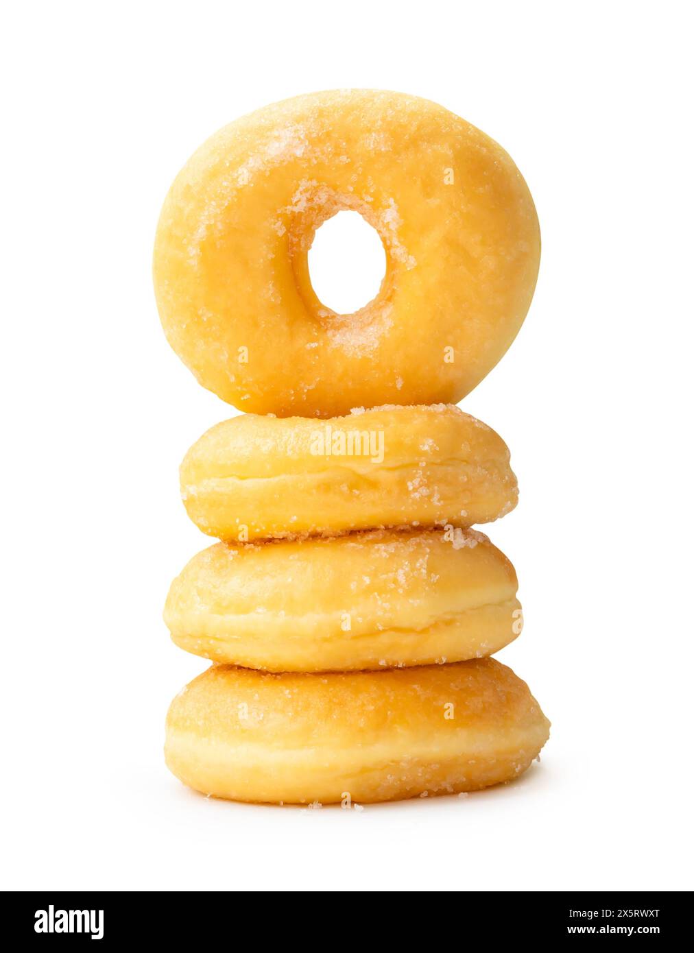 Front view of golden cinnamon donuts in stack is isolated on white ...