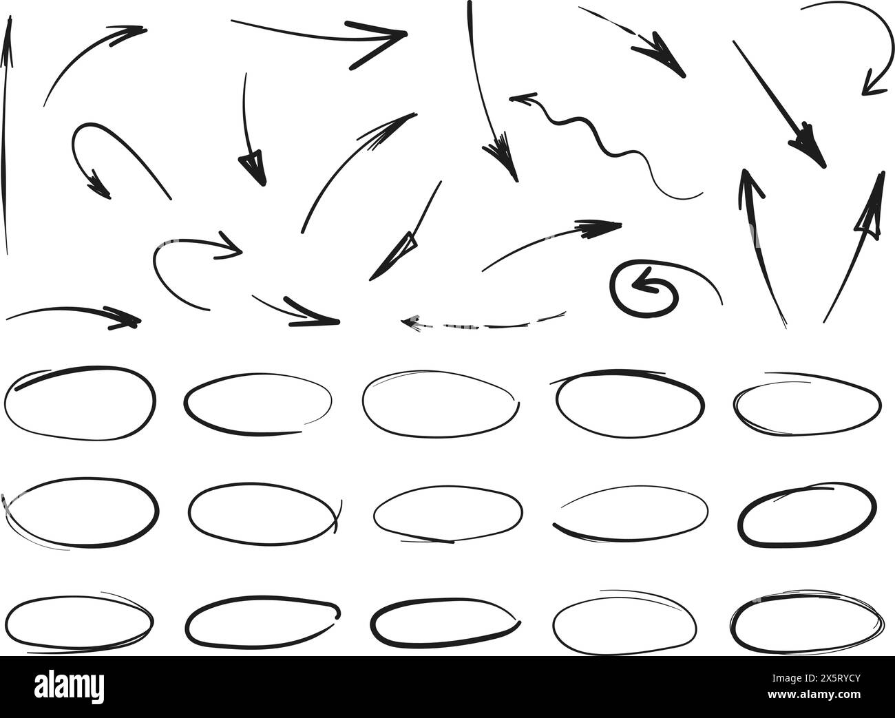 Circle line sketch and arrow icon in hand drawn style. Circular scribble doodle vector ...