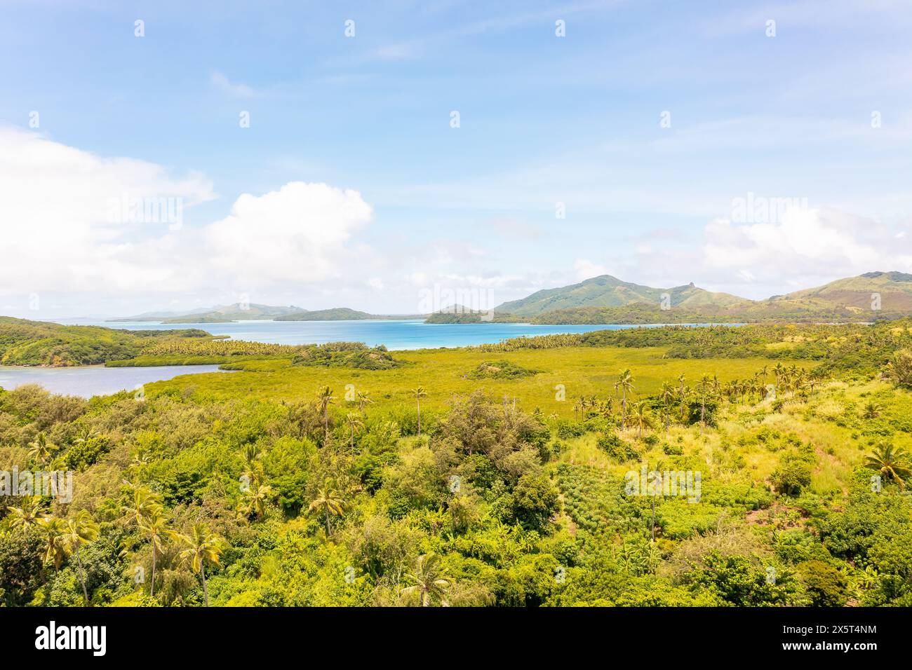 Tropical Fiji island with palm trees and clear blue-green water with ...