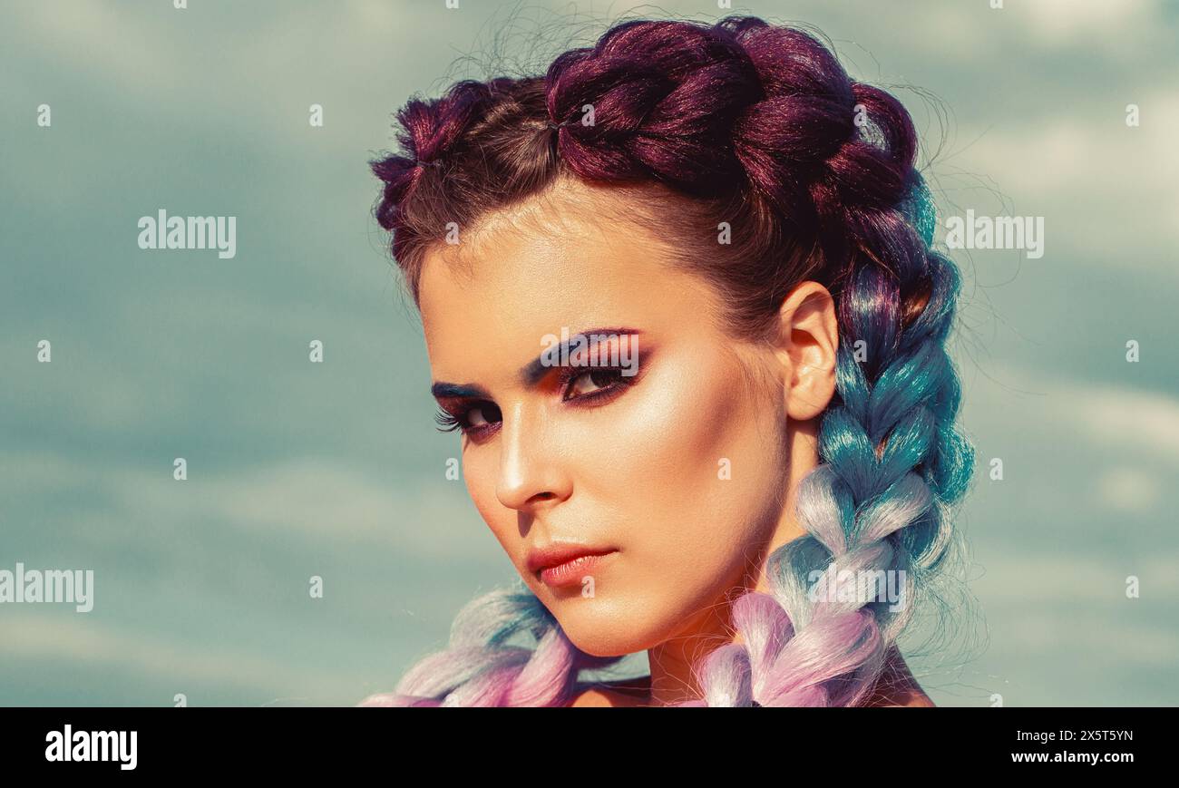 Girl braids on background sky. Bright makeup, rose-colored, braids ...