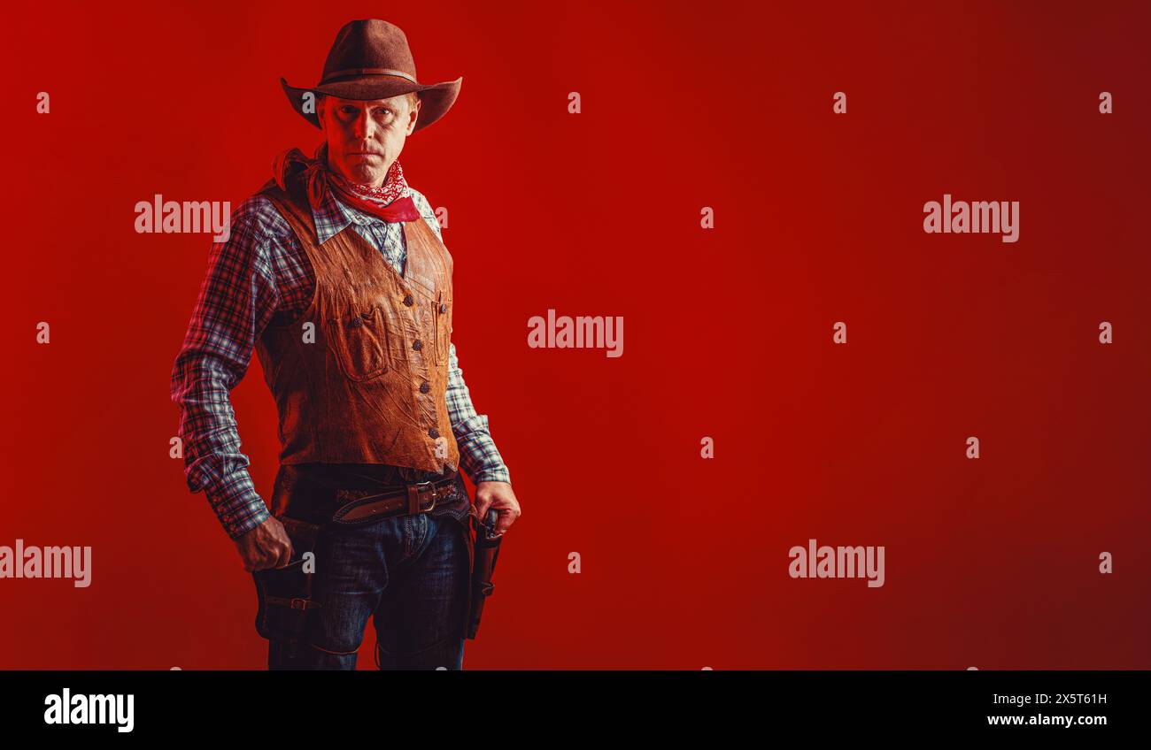 Cowboy with a pistol, guy in a cowboy hat with a gun. Western man with ...