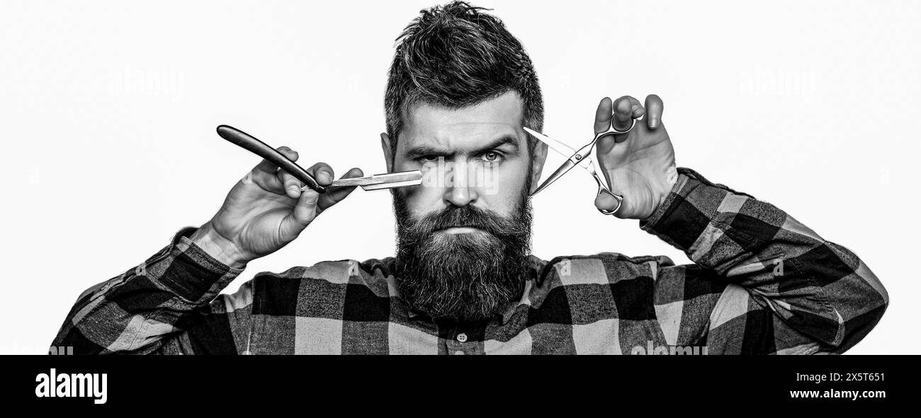Barber with straight razor and scissor. Brutal man holding professional ...