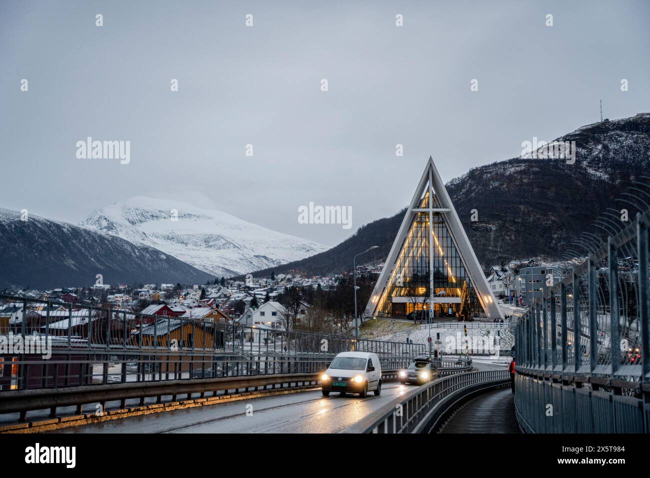 Modern church in village and cars on road, Tromso, Norway Stock Photo ...
