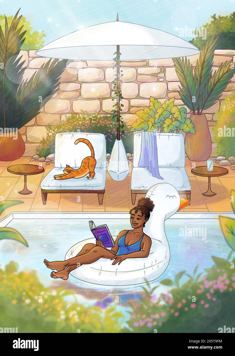 Woman relaxing in pool on inflatable raft Stock Photo - Alamy