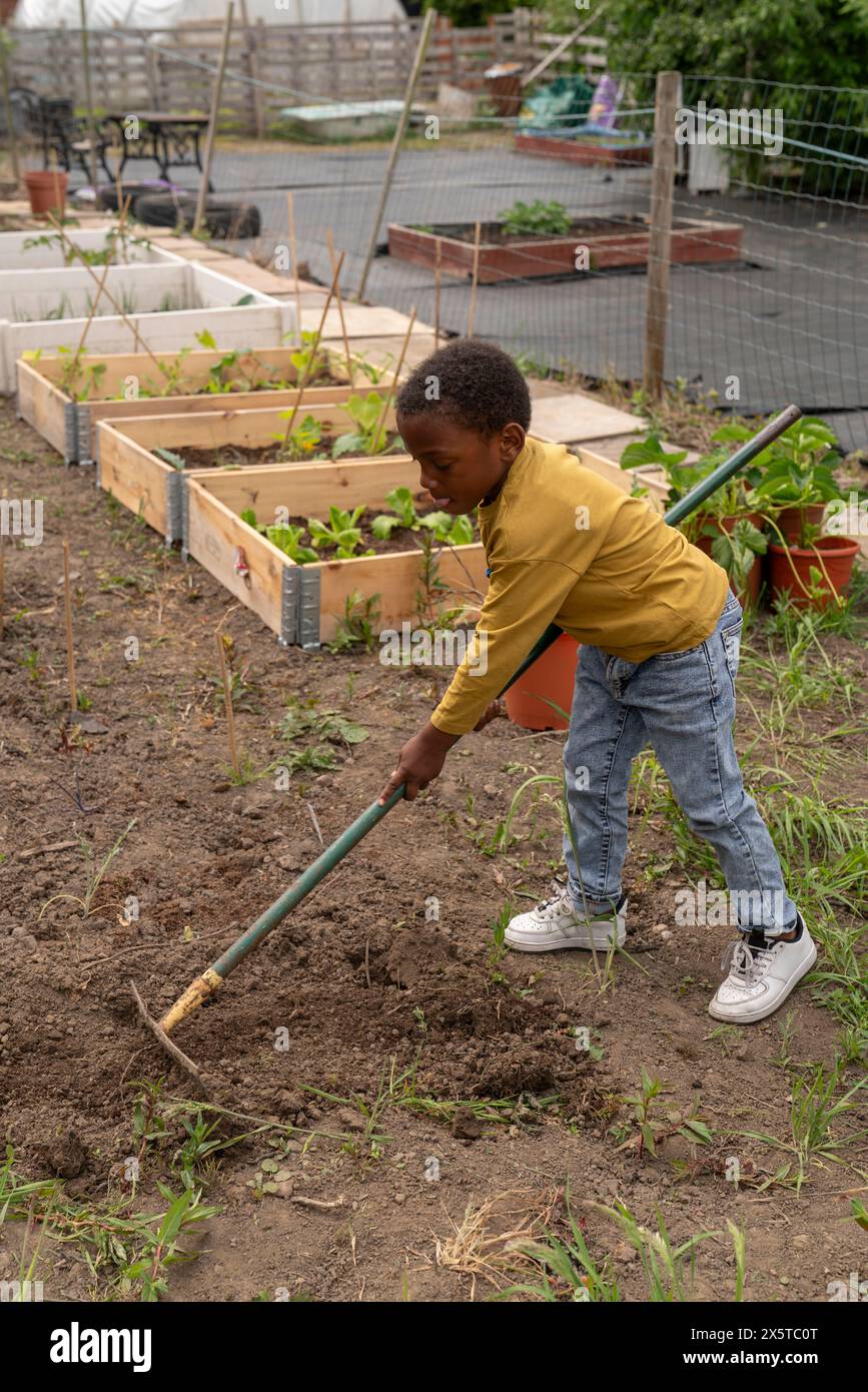 Boy gardening in allotment Stock Photo - Alamy