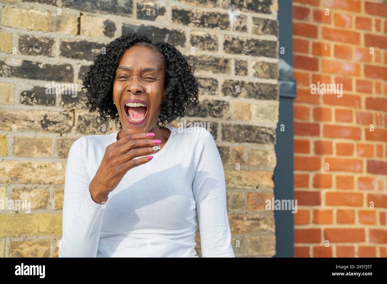 Portrait of woman laughing against brick wall Stock Photo - Alamy
